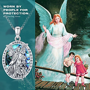 Brisskaari Blue Opal/Abalone Shell Guardian Angel Necklace 925 Sterling Silver Oval Guardian Angel Medal Pendant Religious Angel Medallion Catholic Jewelry Gift for Men Women (Green)