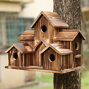 Wooden Bird Houses for Outside Hanging Clearance,6 Hole Handmade Natural Bird House for Backyard/Courtyard/Patio Decor,Large
