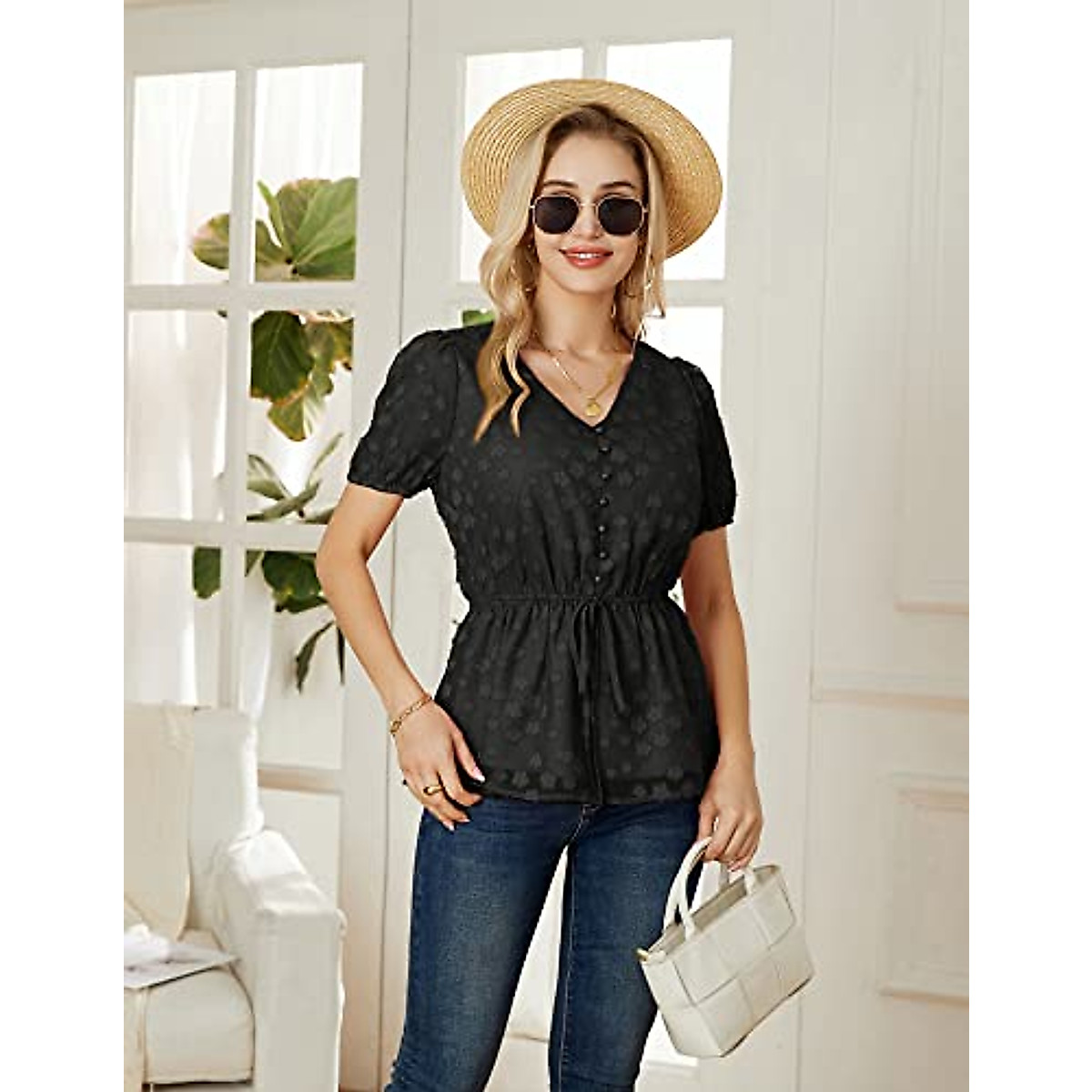 GRACE KARIN Women's Peplum Tops 2023 Summer V Neck Ruffle Short Sleeve Blouse Jacquard Flowy Shirt Tunic Top Black