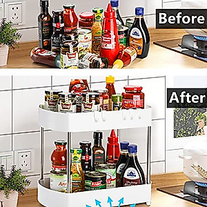 Dicunoy Under Sink Organizer and Storage, Plastic Under Cabinet Shelf for Bathroom, Multi-Purpose White 2 Tier Counter Side Organizer Bins with Hooks for Kitchen, Coffee Bar, Office, Table