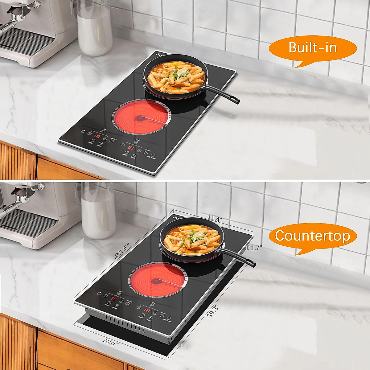 Cooksir Portable Electric Cooktop 2 Burner, 110V Plug in Electric Stovetop with Protective Full Metal Edge, 12 Inch Countertop & Built-in Ceramic Cooktop with Safety Lock, Timer, Sensor Touch