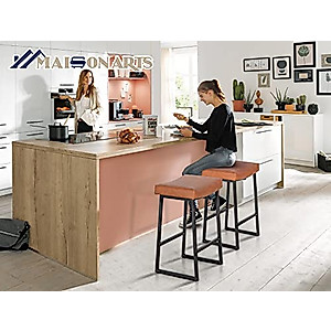 MAISON ARTS Brown Bar Stools Set of 2 Counter Height 24 Inches Saddle Stools for Kitchen Counter Backless Modern Barstools Upholstered Faux Leather Stools Farmhouse Island Chairs, Brown, 2pcs