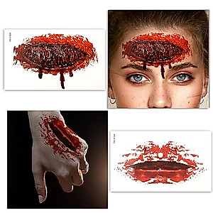 25 Sheets Halloween Zombie Temporary Tattoos, NEDEQI Plus-Size Scar Fake Blood Tattoos Waterproof Realistic Stitches Wound Temp Sticker for Zombie Makeup Chucky SFX Cosume Prank Cosplay Kids Men Women