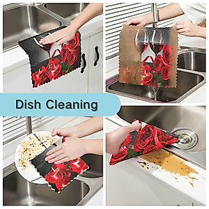 linqin Red Wine Rose Kitchen Towels Dishcloths, Pack of 6, Soft Reusable Absorbent Dish Towels Sets Cleaning Towels for Cleaning Dishes, Counters, Kitchen, Bathroom