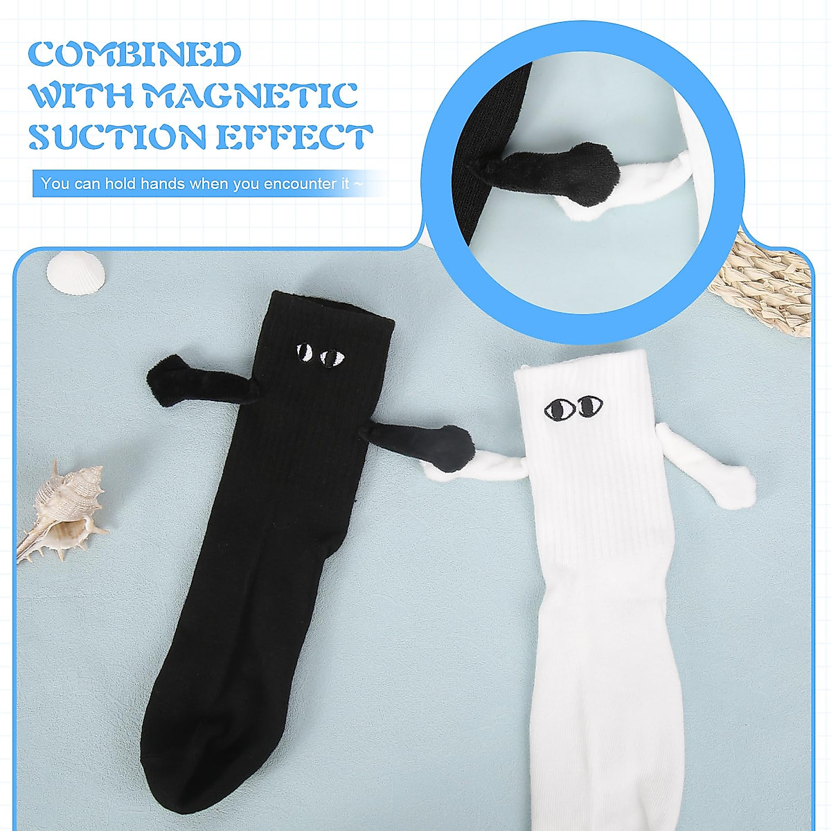ahishfoneya Hand in Hand Socks Friendship Socks, 2 Pairs Magnetic Socks Hand Hold Friend Socks Funny 3D Doll Couple Socks (Cotton, A)