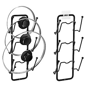Ormeli 2 Pack Pot Lid Organizer, No Drilling Adhesive Wall/Door Mounted Pot Cover Rack, Cabinet-Hanging Type Pot Lid Rack, 3 Tiers Pots Lids Storage Holder Rack, Black