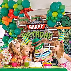 SNLN 153Pcs Turtle Birthday Party Decorations Supplies Kids Teen, Green Turtle Balloon Arch with Backdrop Tablecloth Googly Eye Long Balloons, Girls Boys Video Game Cartoon Turtle Birthday Decorations