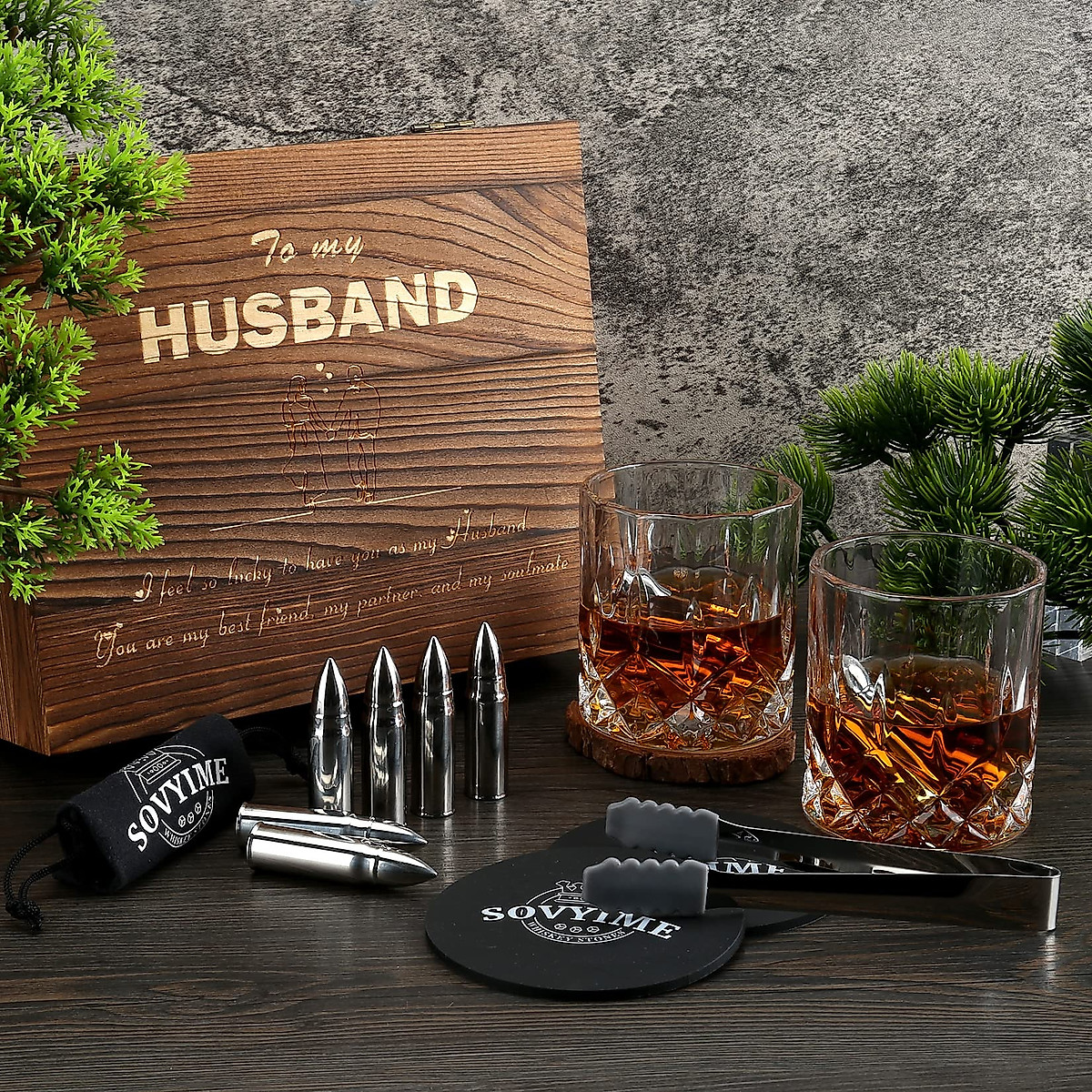 Anniversary Sovyime Gifts for Husband, Whiskey Stones Glasses Gifts for Men, Valentines Day Birthday Wedding Gifts Ideas for Husband,Stainless Steel Bourbon Scottish Whiskey Drinking Set for Christmas