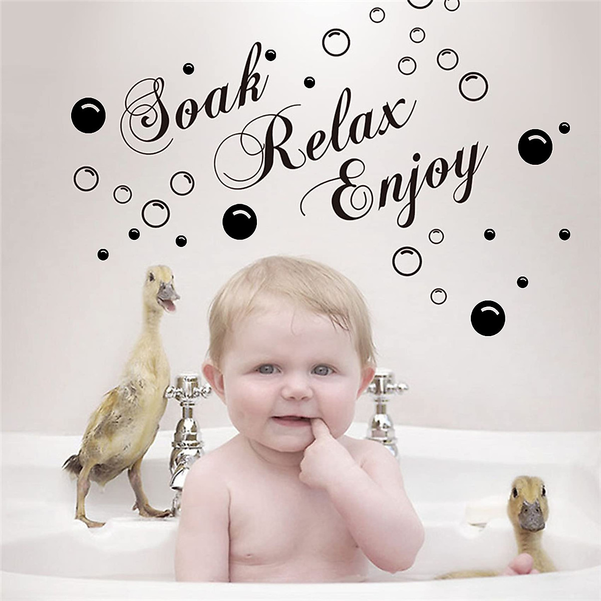 Bathroom Wall Stickers, Black Soak Relax Enjoy Quotes Stickers with Bubble Decals, Beautiful Wall Art Words Peel and Stick Stickers for Home Bathroom Decor