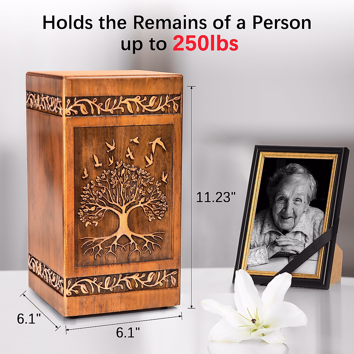 Aioguisn Handmade Wooden Urn, Cremation Urns for Human Ashes Adult Male Female 250lbs, Engraved Tree of Life Funeral Burial Urn Box(Tree of Life)