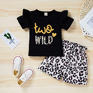 Viworld Baby Girl Two Birthday Outfits Ruffle Sleeve Wild Two Top + Leopard Shorts Set Cake Smash Summer Clothes（Leopard,2T