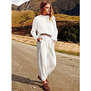 ANRABESS Women's Two Piece Outfits Long Sleeve Knit Top Fall Sweater Set Oversized Pants Tracksuit Lounge Sets White Medium
