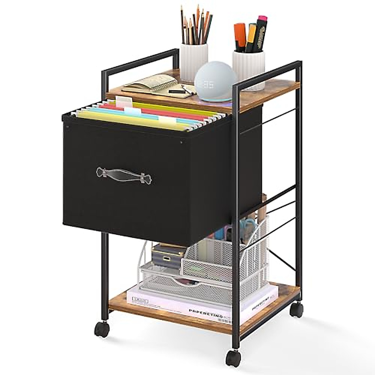 VECELO Mobile File Cabinet, Rolling Printer Shelf with Handle, Fabric Vertical Filing Cabinet fits Letter Size, Sturdy Steel Frame for Home Office, Brown