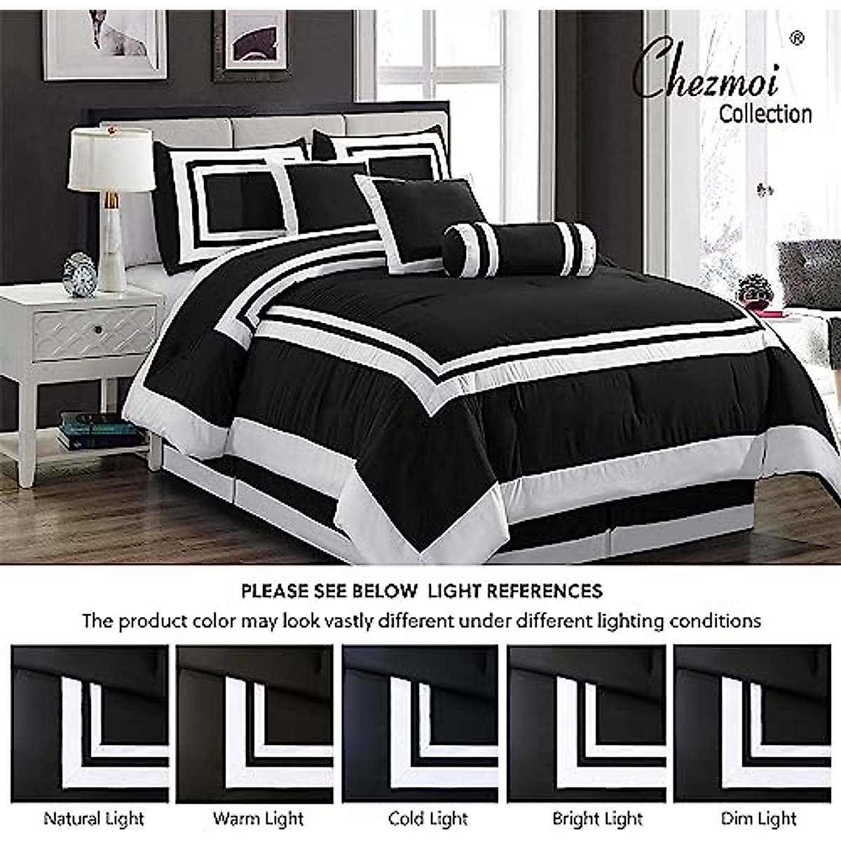 Chezmoi Collection 7-Piece Caprice Black/White Square Pattern Hotel Bedding Comforter Set, California King