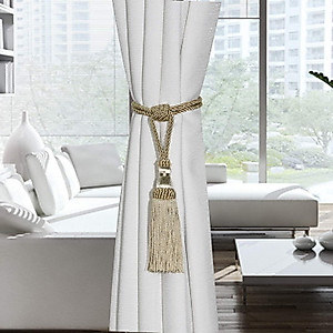 Fenghuangwu 2PCS Curtain Tassel Tiebacks, Handmade Tassels Curtain Tie-Backs Rope Holdbacks for Home Office Decor-Beige