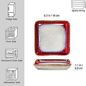 Ceramic Square Plate Sets - Dessert, Appetizer, Snack, Small Dinner Plate Scratch Resistant, Porcelain Serving Side Dish 6.3 Inch Microwave & Oven, Dishwasher Safe - Set of 4, Reactive Red