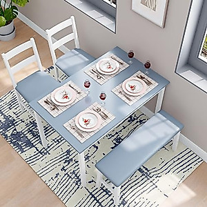 Dining Table Set for 4, 4 Piece Kitchen Table with Chairs and Bench, Wood Rectangular Dining Table Set with 2 PU Leather Chair and Bench for Small Spaces, Apartment, Breakfast, Living Room (Blue)