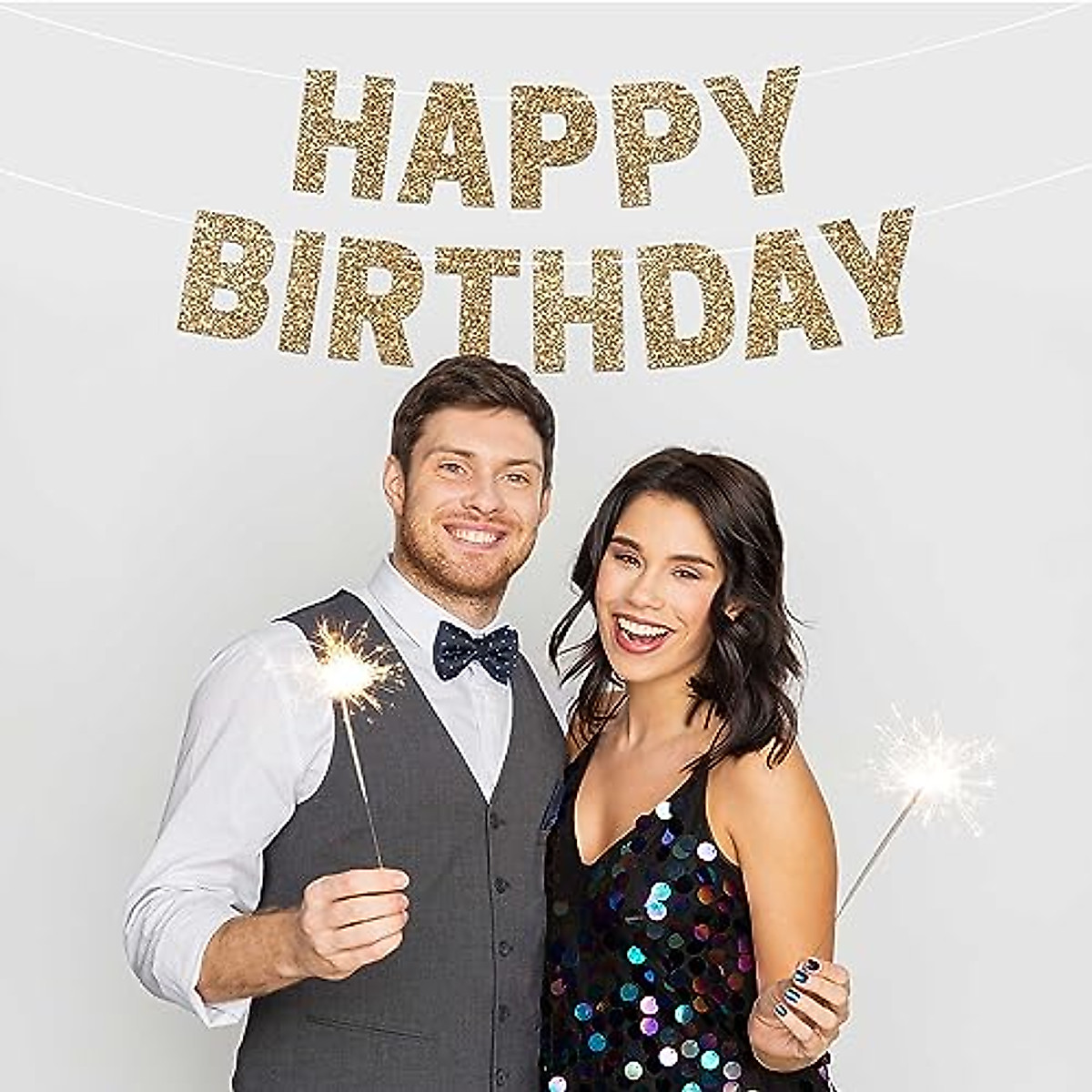 Perfect Occasion Gold Glitter Happy Birthday Pre-Strung Banner - 8 ft Strands Cardstock - Party Decorations & Decor