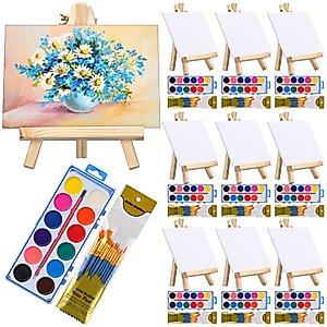 10 Set Paint Kit Wood Easel Set Include 10 Wood Easels 10 Pcs Canvases 100 Pcs Brushes and 10 Pcs Watercolor Paint Painting Supplies Kit Wooden Art Easel for Kids and Adults (5 x 7 Inch)