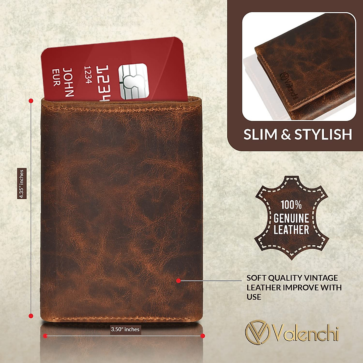 Genuine Leather Mens RFID Blocking Slim Trifold Wallet with 6 Cards+1 ID Window + 2 Note Compartments. - Cognac - S