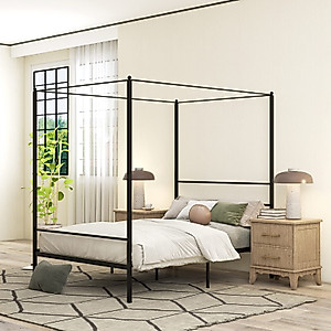 GOFLAME Full Size Metal Canopy Platform Bed Frame, Modern Canopy Bed with 4 Posters, Underbed Storage, Mattress Foundation with Steel Slat Support and Headboard, Easy Assembly, No Box Spring Needed