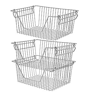 Slideep Large Stackable Storage Baskets Cabinet Organizer Sturdy Metal Wire Pantry Freezer Bin for Pantry Home Bathroom Kitchen Organization 3 Packs