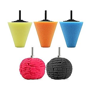 Thboxes 5 Pack Car Wheel Hub Drill Buffing Sponge Pads Kit，Auto Cone Metal Polish Buffing Polishing Ball for Automotive Car Wheels Care Buffing Tool in Bags