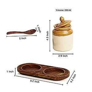 ExclusiveLane 'Old Fashioned' Ceramic Pickle Jar Set with Hand Carved Wooden Tray for Dining Table, Kitchen | Pickle Jars with Lids Indian Style, Achaar Storage, Set of 2 (230 ML)