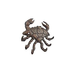 Handcrafted Nautical Decor Rustic Copper Cast Iron Decorative Crab with Six Metal Wall Hooks 7"