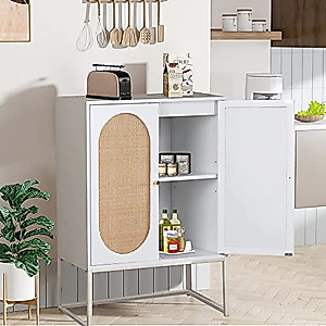 AWQM Natural Rattan 2 Door High Cabinet,Sideboard Buffet Cupboard Accent Cabinet,Adjustable Shelves,Free Standing Bookmatch,Easy Assembly,26.77" L x 15.75" W x 41.34" H,White