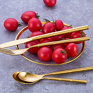 Tunkeny 64 Piece Golden Bamboo Flatware Set, Exquisite Silverware Set for 16, 18/10 Stainless Steel Flatware Cutlery Set, Durable Tableware Set, Mirror Polished, Dishwasher Safe