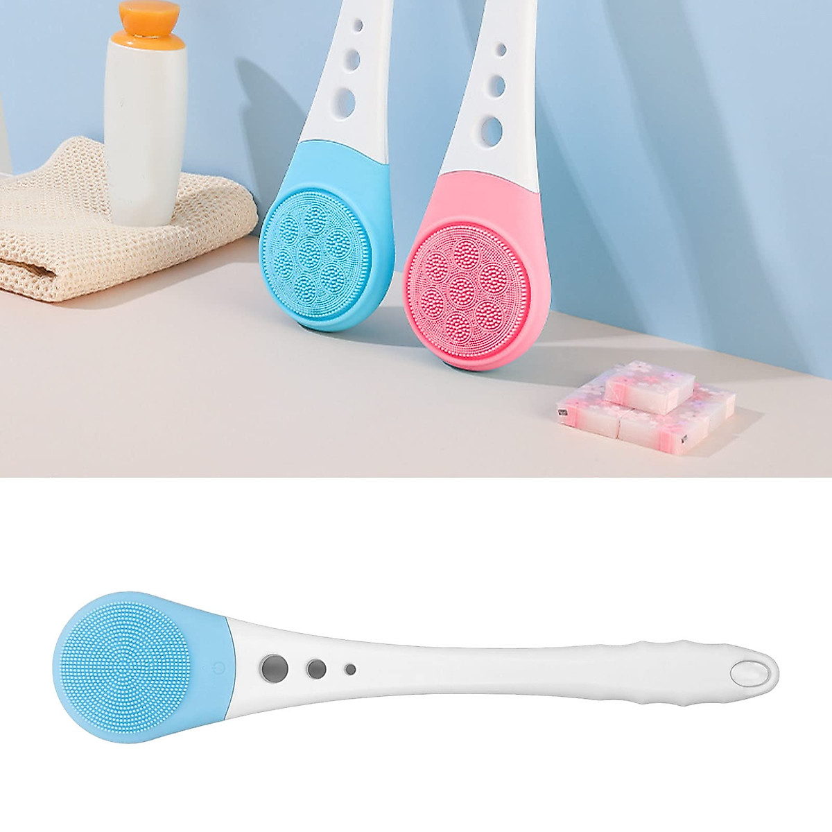 Electric Body Scrubber, 2 Colors, 43 x 9cm, Shower Brush Long Handle Waterproof Cordless Body Bath Exfoliating Soft Silicone (Blue)