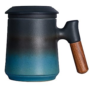 OverTwice Tea Cup with Infuser and Lid, Tea Mug Tea Mug with Wooden Handle, Tea infuser Mug, Ceramic tea cup with lid and handle, Gifts for Men and Women 13.5oz