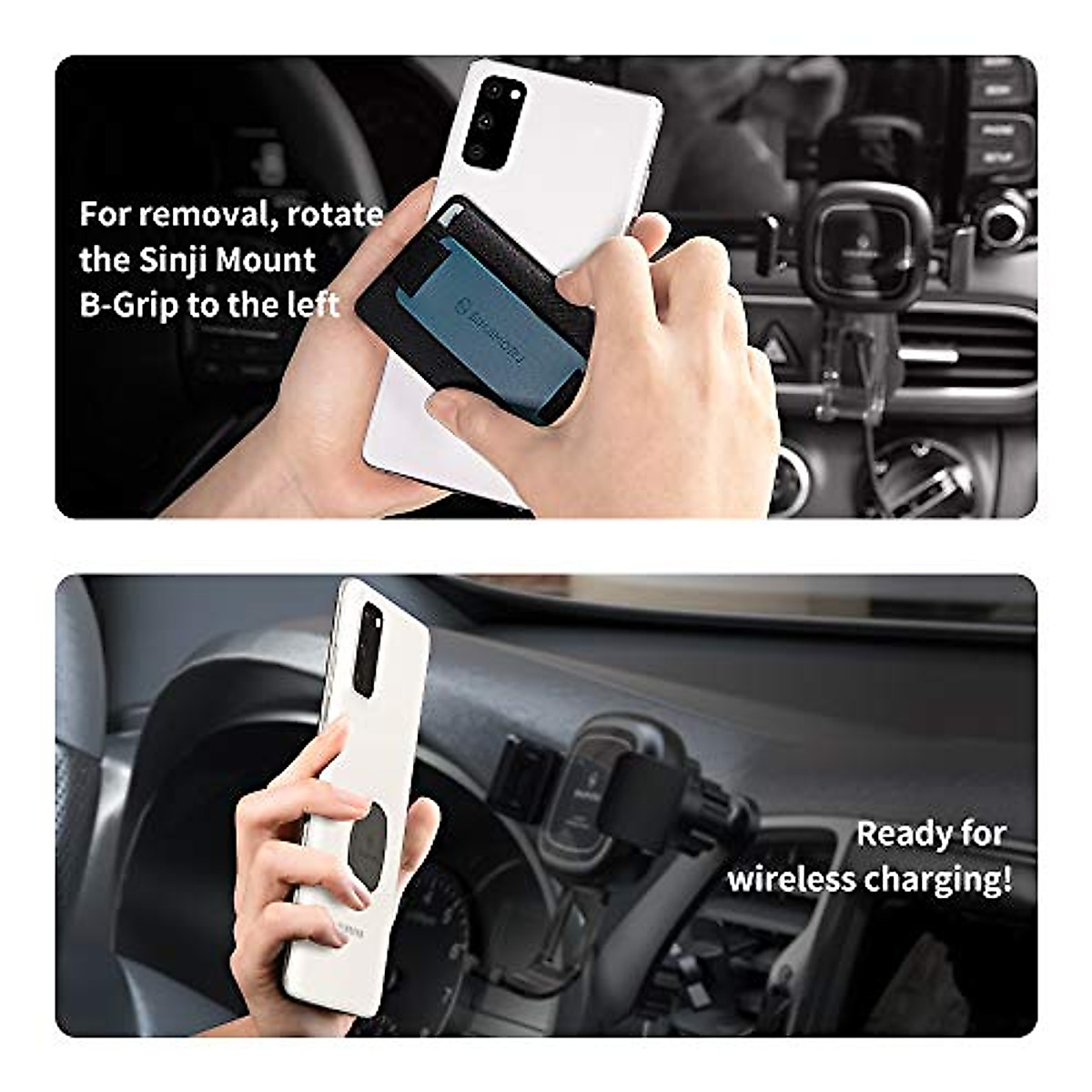 Sinjimoru Detachable Cell Phone Wallet, Wireless Charging Compatible Mobile Phone Grip Stand as iPhone Credit Card Holder for Back of Phone. Sinji Mount B-Grip Clementine