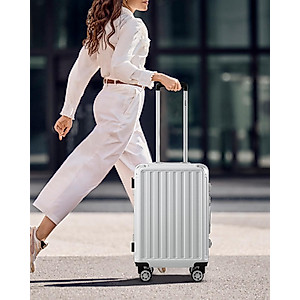LUGGEX Carry On Luggage with Aluminum Frame, Polycarbonate Zipperless Luggage with Wheels, White Hard Shell Luggage 4 Metal Corner
