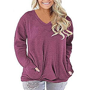 Fall Shirts for Women Plus Size Casual Long Sleeve Sweatshirts Tops Wine Red 16W