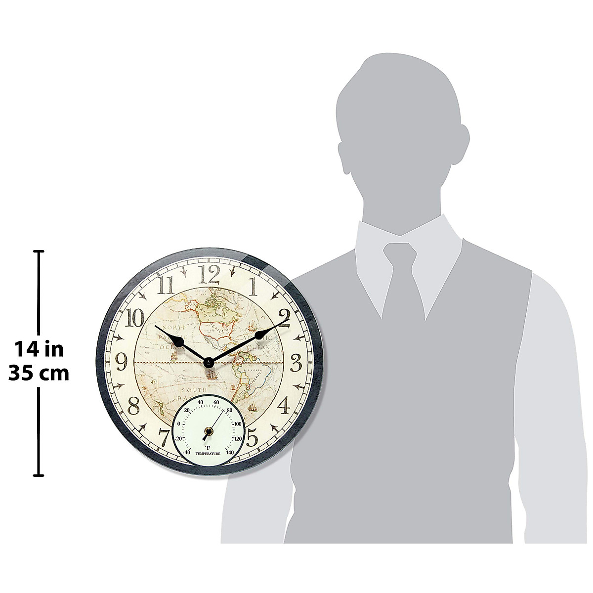 Infinity Instruments Orbis Indoor Outdoor Wall Clock and Thermometer, Traditional World Map Face with Modern Tempered Glass Design, 14 inch, Black