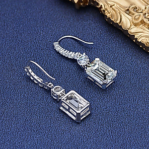 Sterling Silver Diamond Earrings for Women, Classic Emerald Cut 8Ct/Pair Lab Simulated Diamond Drop Earrings White Gold Plated Jewelry Gifts for Her Birthday Mothers Day Christmas Gift