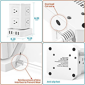 Surge Protector Power Strip Tower with USB Ports, 6FT Charging Station Long Extension Cord with Multiple Outlets, 8 AC Multi Plug Outlet Extender 4USB Ports 1800J Overload Protection for Home Office