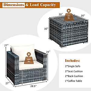 Toolsempire 3 Pieces Patio Furniture Set Outdoor Rattan Wicker Conversation Set with Water-Resistant Cushion & Tempered Glass Tabletop, Outdoor Sectional Furniture for Porch, Balcony, Backyard(Beige)