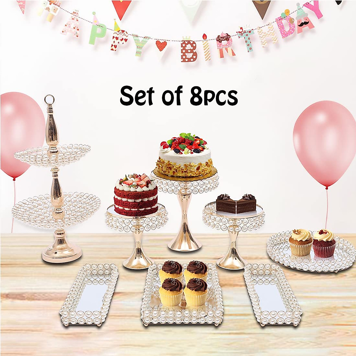 DNYSYSJ 8pcs Cake Stand Set Gold Wedding Cake Stands Cupcake Display for Dessert Table Party 2-Tire Gold Beaded Tower Stand Pastry Dessert Trays