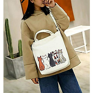 EatingBiting 12.60'' Women Cartoon Lucky Cats Canvas Tote Shopping Handbag Beach Purse Shoulder Bag