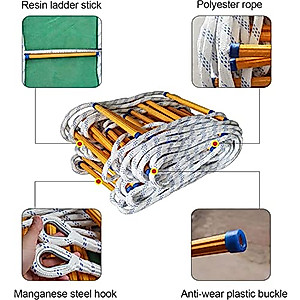 Flame Resistant Emergency Fire Safety Evacuation Ladder,Emergency Fire Escape Ladder Flame Resistant Safety Extension Rope Ladder with 2 Hooks,Homes Reusable Compact & Portable External Ladder