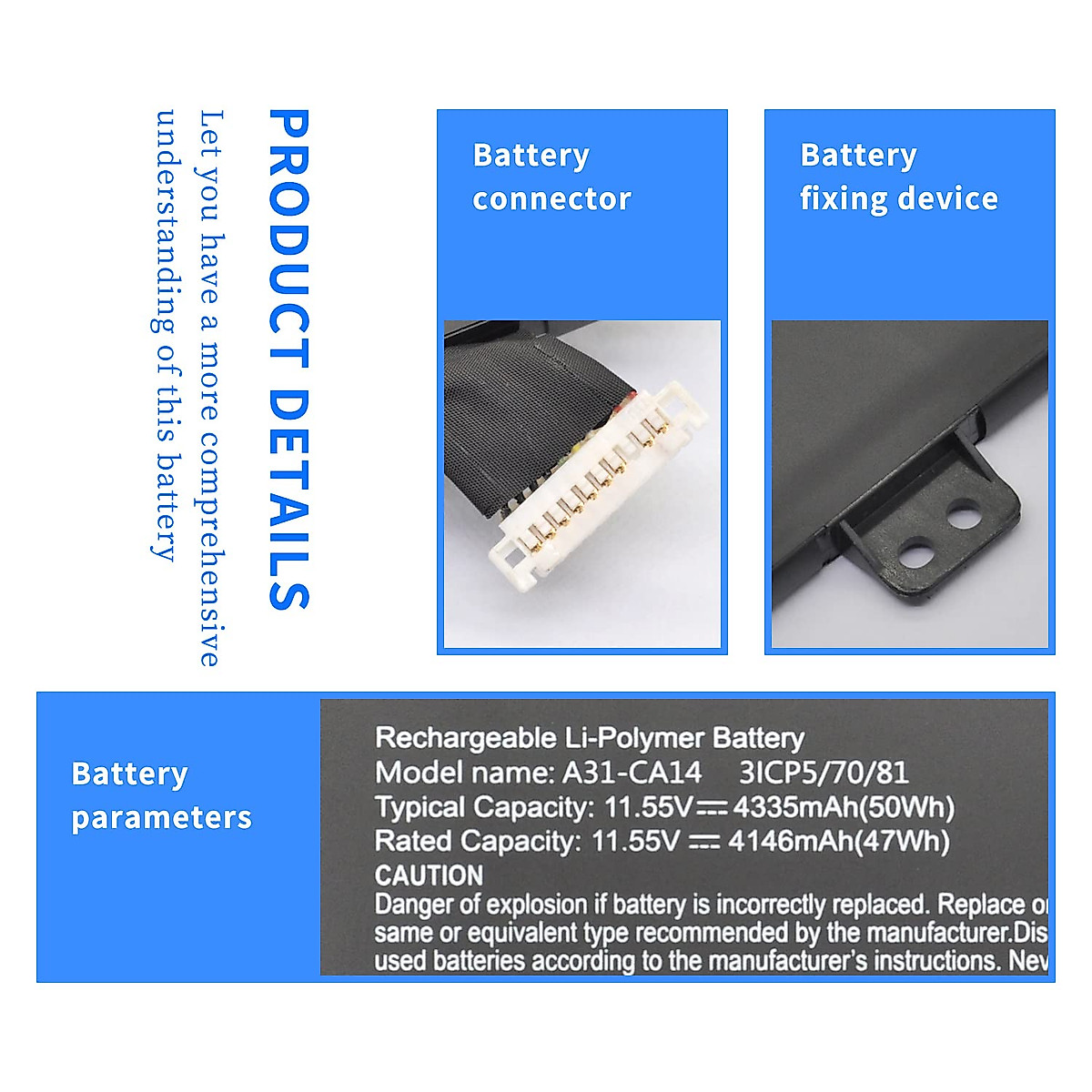 HXPKH A31-CA14 Laptop Battery for Getac A31-CA14 3ICP5/70/81 31CP5/70/81 Series Battery 11.55V 50Wh/4335mAh