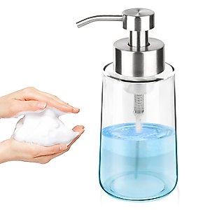 GLUBEE Foaming Soap Dispenser, 15 Oz Glass Hand Soap Dispenser with Rust Proof Stainless Steel Pump, Refillable Clear Foam Soap Dispenser Bottle with Wide Opening for Bathroom Decor & Kitchen