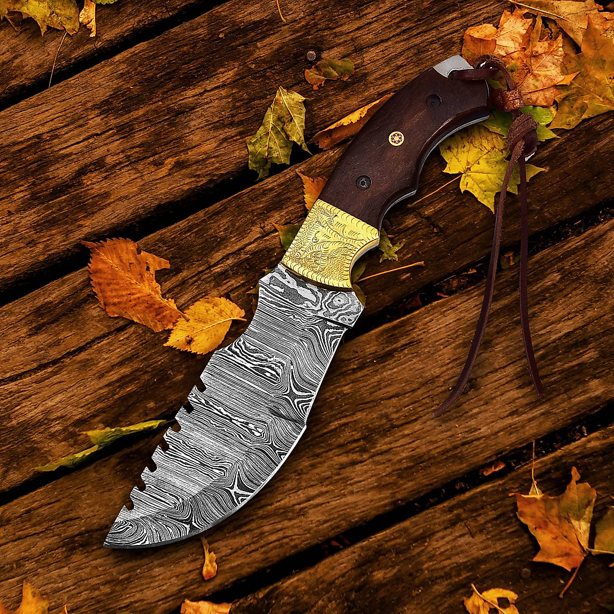 Dessi Tracker Knife: Hand-Forged Damascus Steel Blade - Perfect for Hunting, Camping, Tactical & Survival Use - With Horizontal Carry-Back Leather Sheath for Men SM71