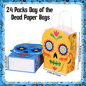 MotiMind 24 Pcs Day of The Dead Party Paper Bags Dia De Los Muertos Favors Bags with Handles Sugar Skull Treat Goodie Bags for Halloween Party Supplies