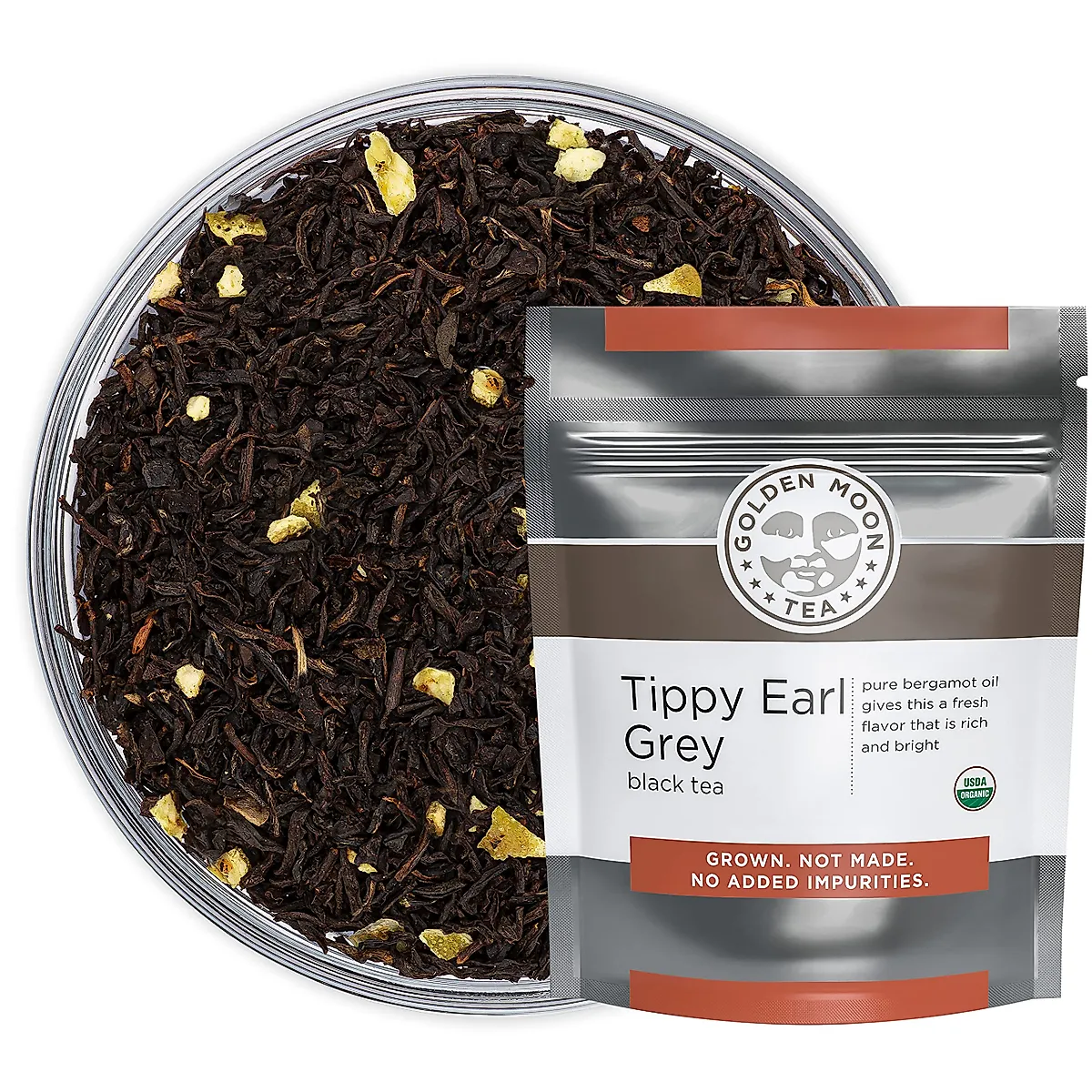 Golden Moon Tippy Earl Gray Tea - Organic Black Tea - Real Bergamot Peels & Extract - Loose Leaf, Non-GMO - Half Pound (96 Servings)