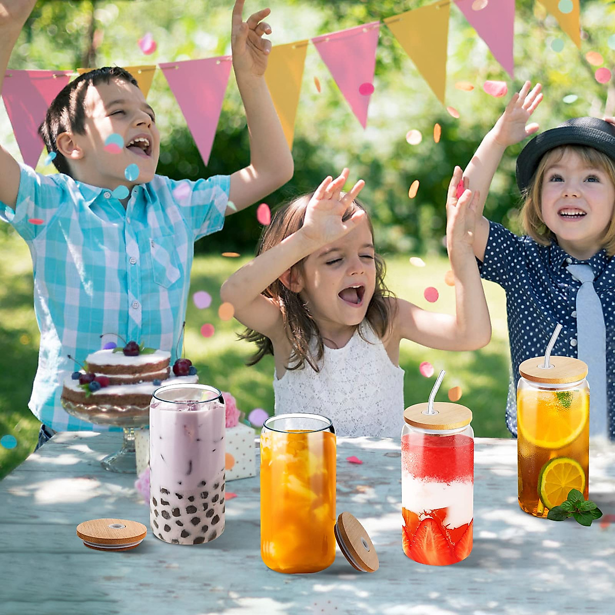 Vozoka Beer Glass Cups with Bamboo Lids and Glass Straw, 6 Set 16 Oz Ice Coffee Glasses, Tumbler Glass Cup, Drinking Glasses Set for Coffee Whiskey Cocktail