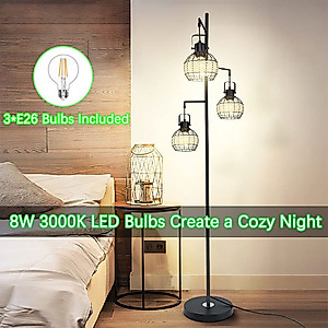 DLLT Industrial Floor Lamp, 3-Light Farmhouse Tree Standing Lamps with Metal Rattan Cage Shape, Tall Pole Reading Lighting for Corner Living Room Bedroom Office, 3000K 8W E26 Bulbs Included, UL Listed